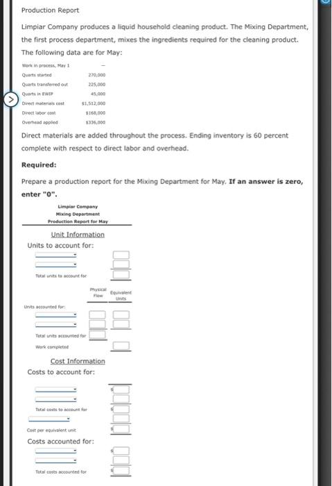 Solved Production Report Limpiar Company produces a liquid | Chegg.com