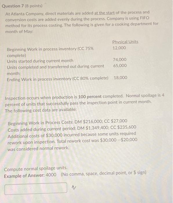 Solved Question 7 ( 8 points) At Atlanta Company, direct | Chegg.com