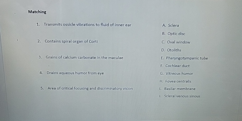 Solved MatchingTransmits ossicle vibrations to fluid of | Chegg.com