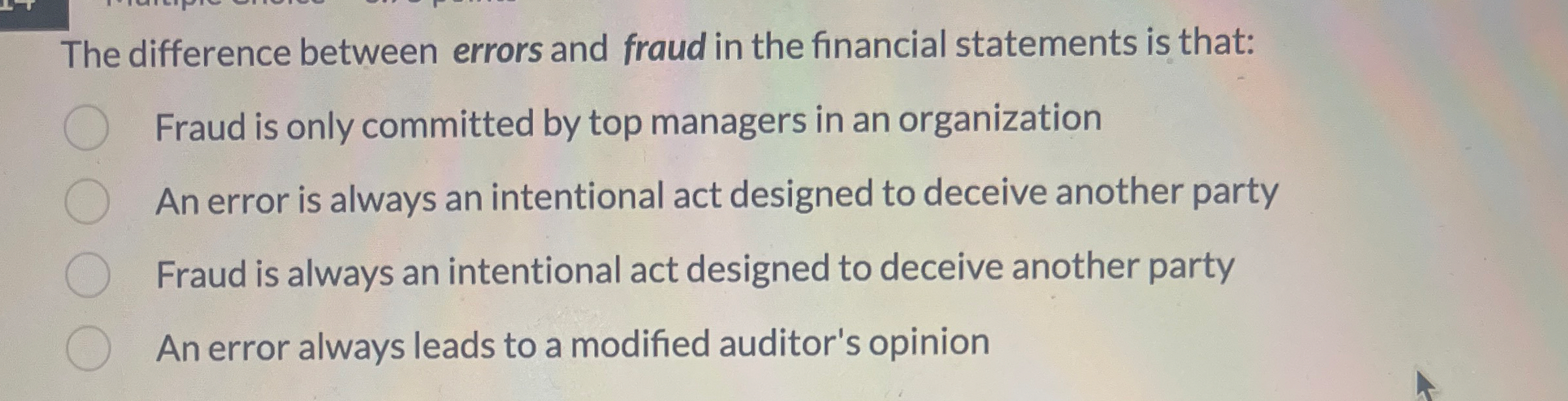 Solved The difference between errors and fraud in the | Chegg.com