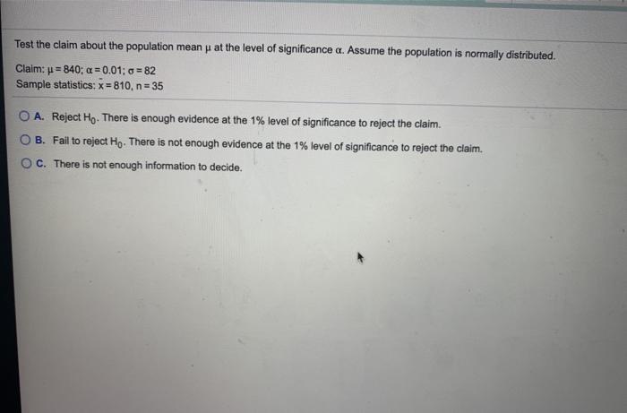 Solved Test the claim about the population mean p at the | Chegg.com