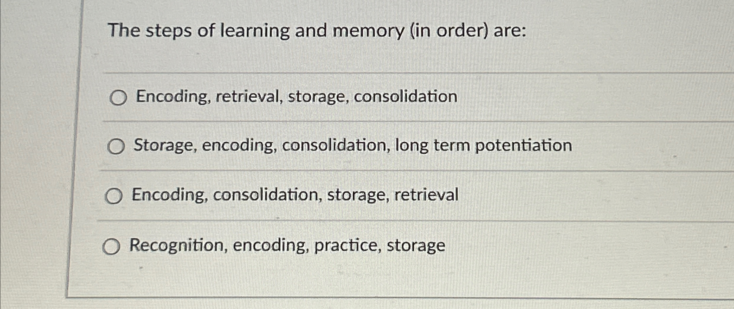 Solved The steps of learning and memory (in order) | Chegg.com