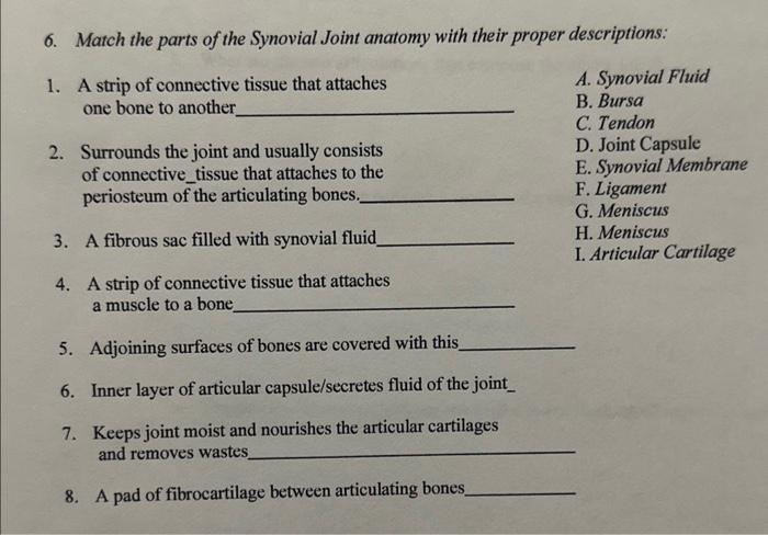 Solved 6. Match the parts of the Synovial Joint anatomy with | Chegg.com