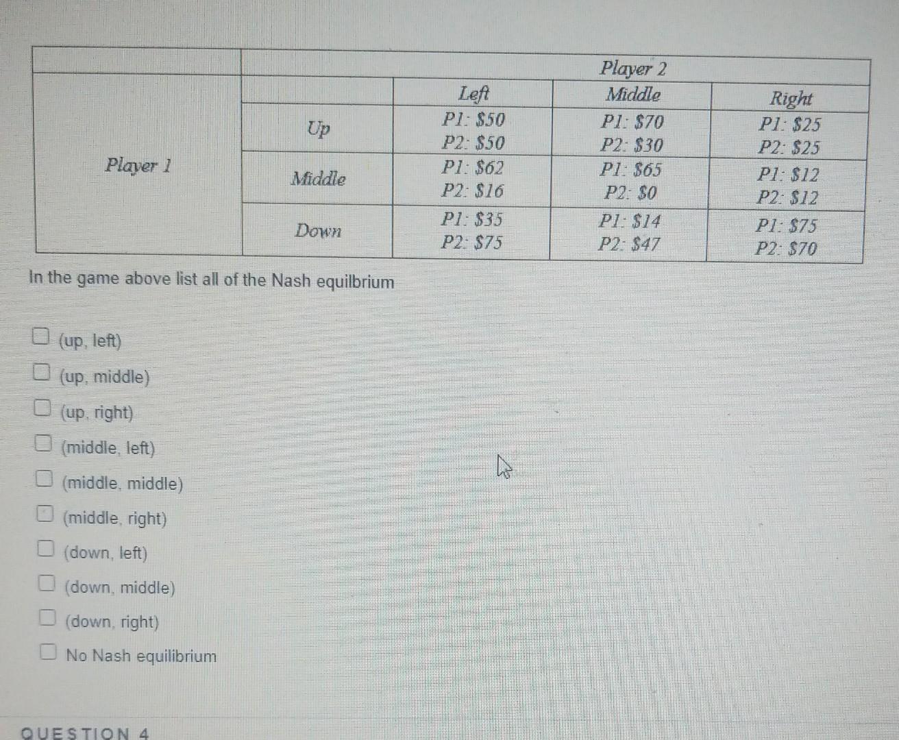 Solved Up Player I Middle Down In the game above list all of | Chegg.com