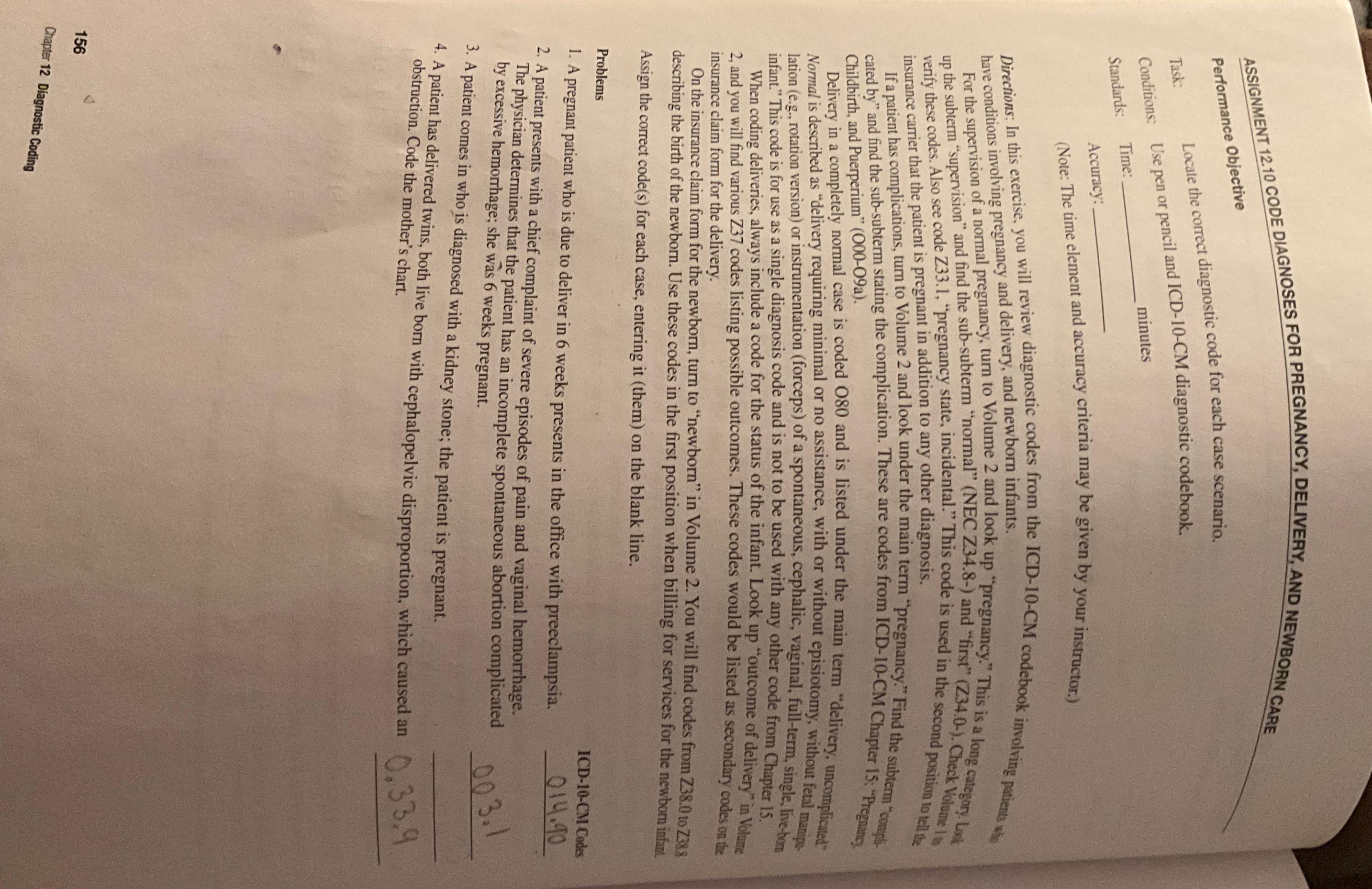 Solved ASSIGNMENT 12.10 ﻿CODE DIAGNOSES FOR PREGNANCY, | Chegg.com