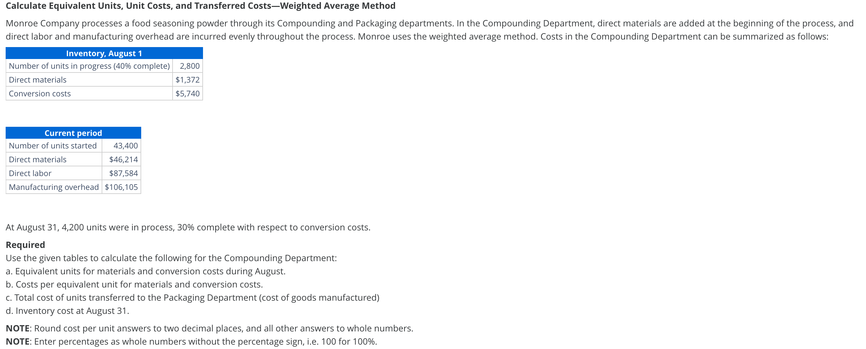 Solved Calculate Equivalent Units, Unit Costs, and | Chegg.com