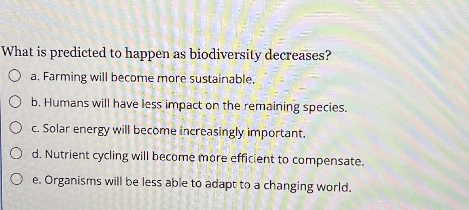 Solved What is predicted to happen as biodiversity | Chegg.com