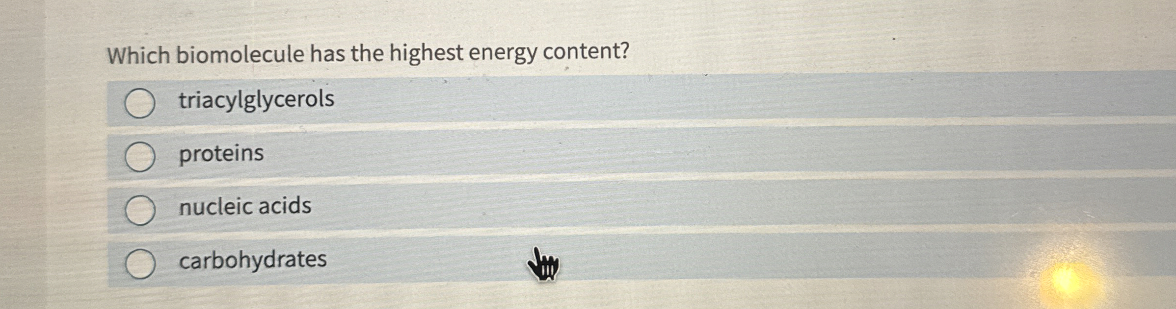 Solved Which biomolecule has the highest energy | Chegg.com