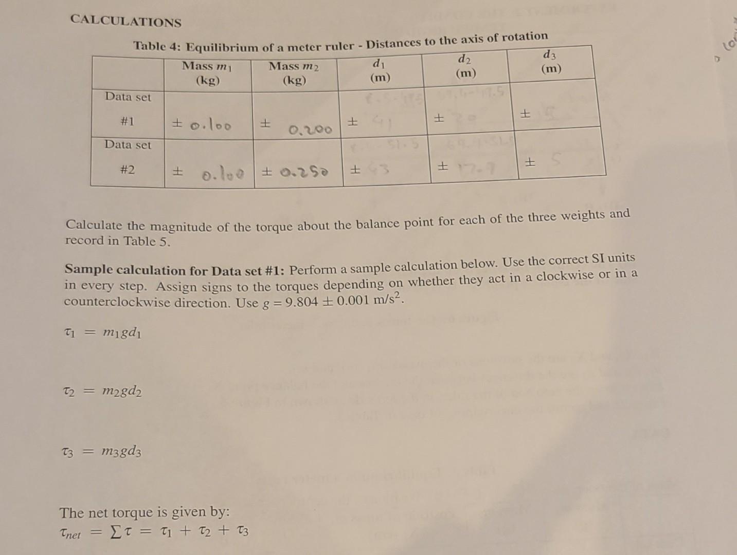 Solved Table 3: Equilibrium of a meter ruler de o a la | Chegg.com