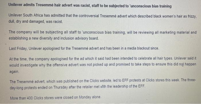 Solved Unilever admits Tresemmé hair advert was racist, | Chegg.com