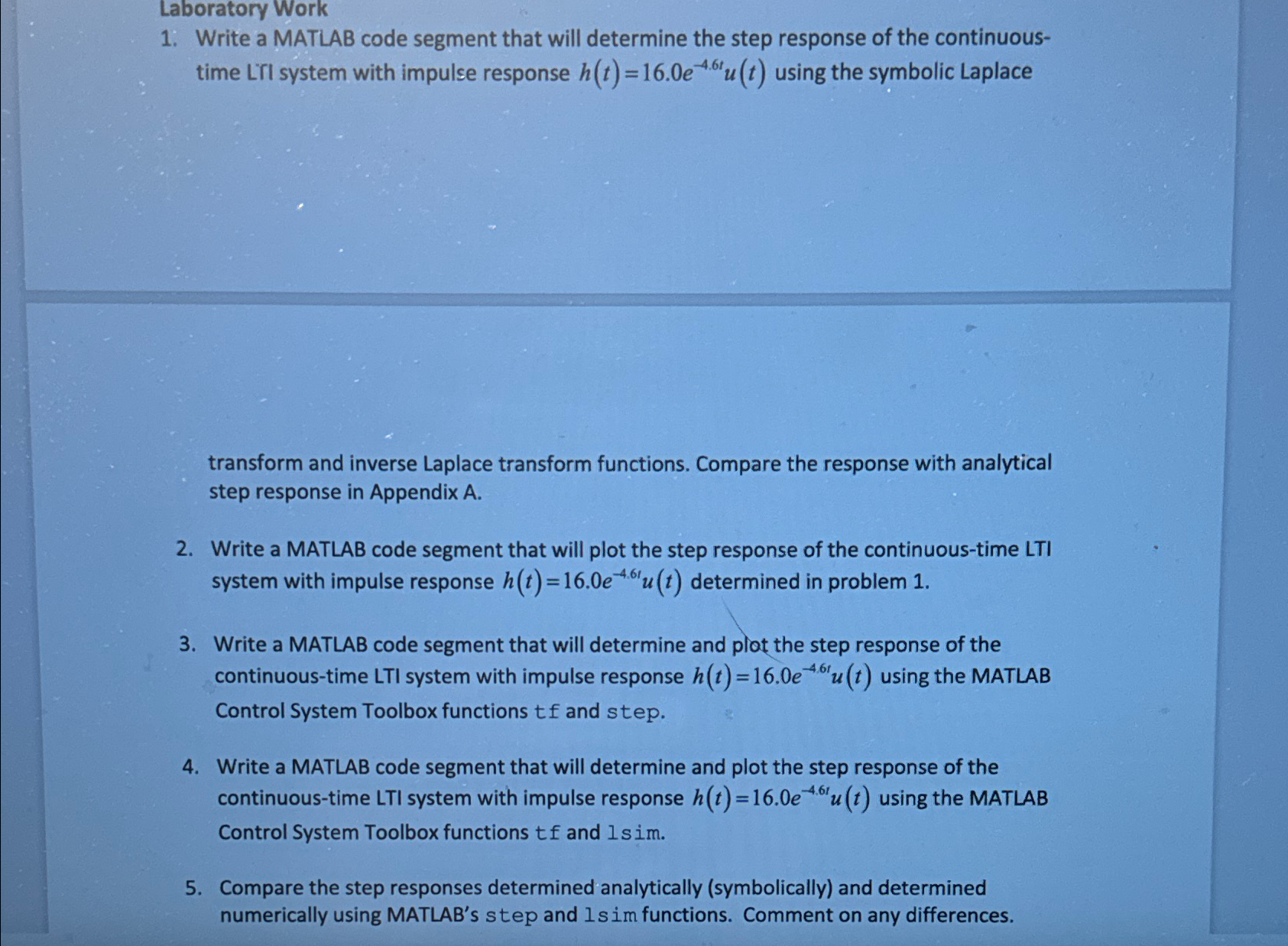 Solved Laboratory Workwrite A Matlab Code Segment That Will