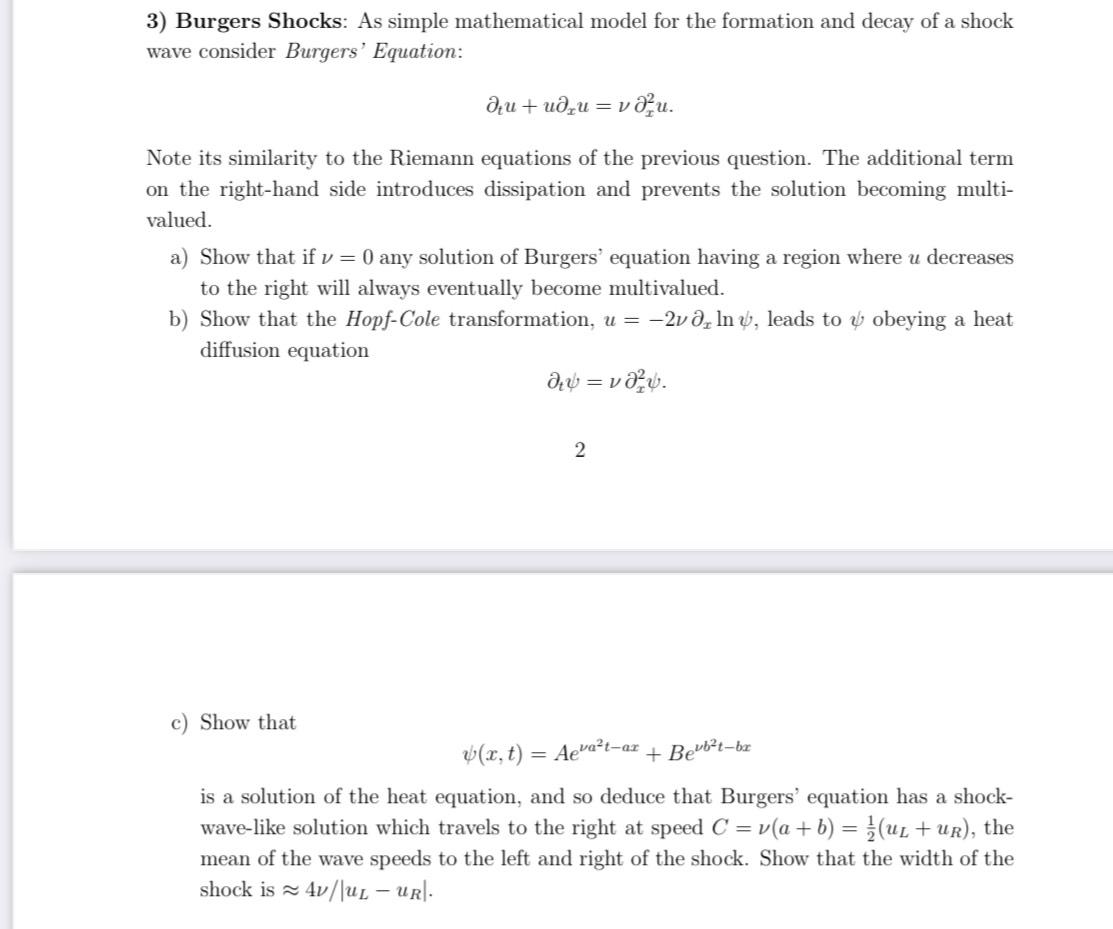 Solved Burgers Shocks: As simple mathematical model for the | Chegg.com