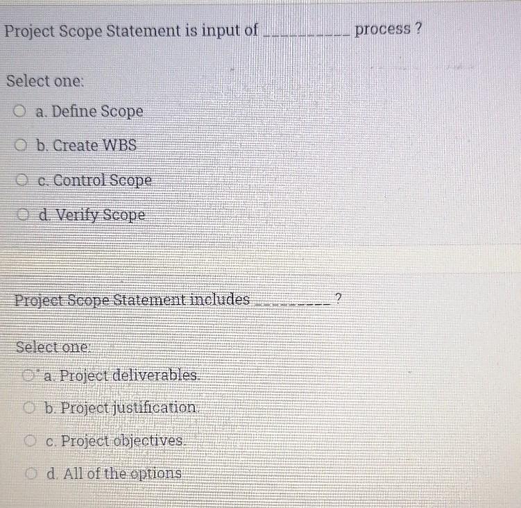 Solved Project Scope Statement is input of process? Select | Chegg.com