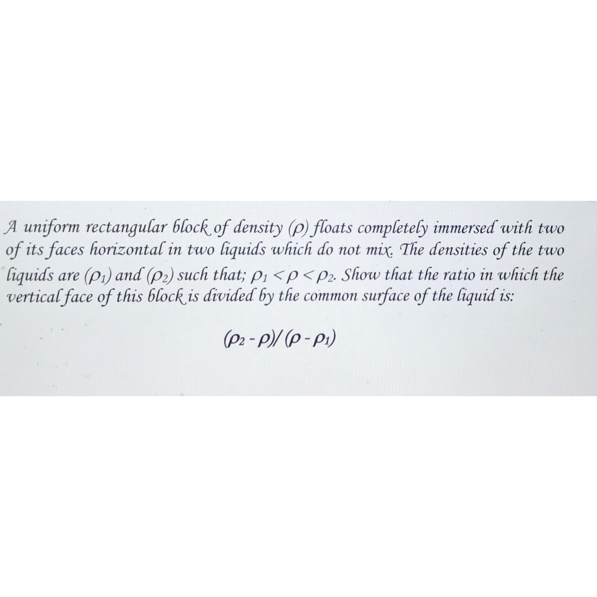 Solved A uniform rectangular 6lock of density ( ρ ) ﻿floats | Chegg.com