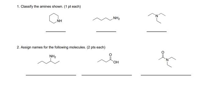 Solved 1. Classify the amines shown. (1 pt each) 2. Assign | Chegg.com