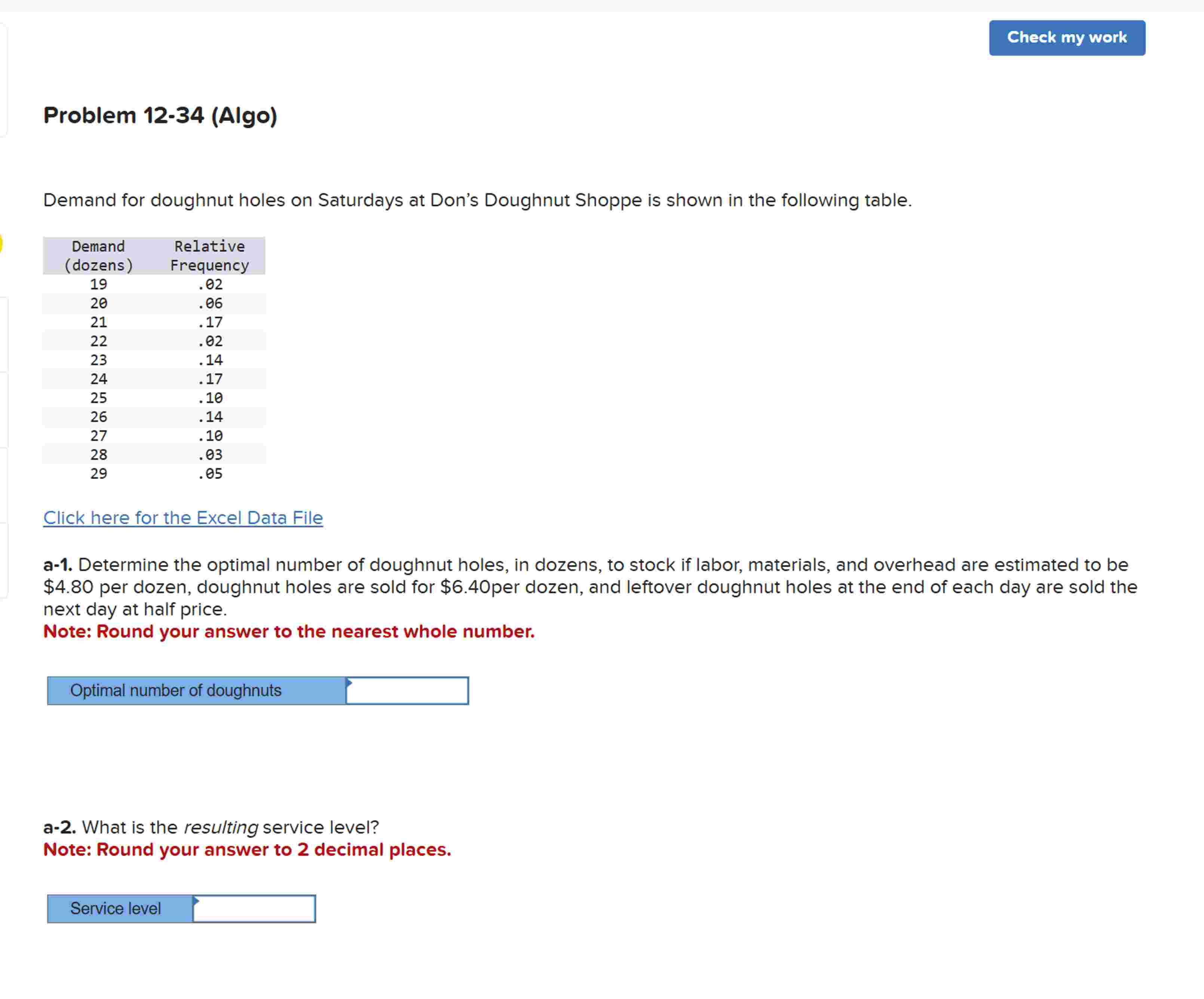 Solved Problem 12-34 (Algo)Demand for doughnut holes on | Chegg.com