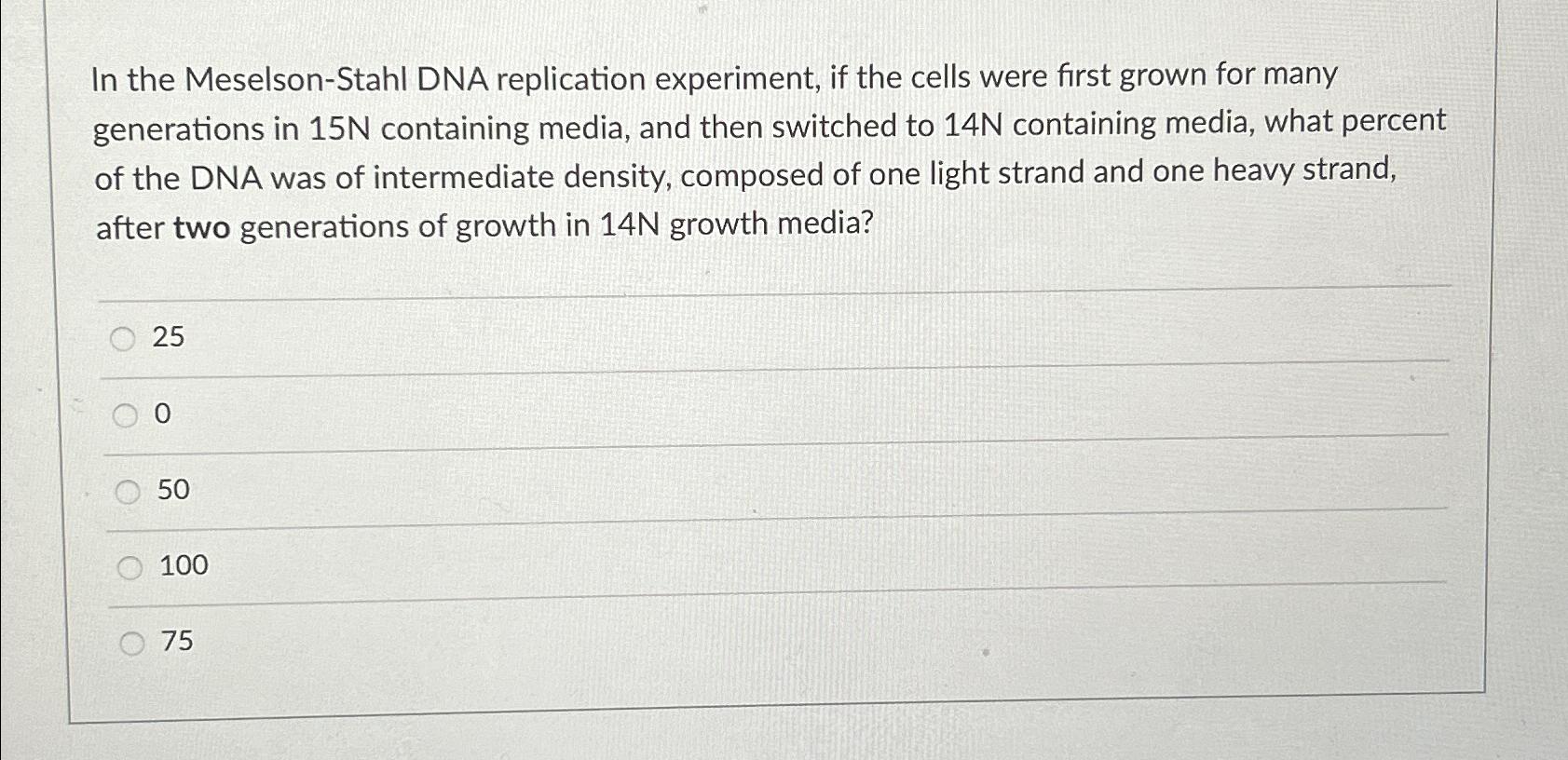 Solved In the Meselson-Stahl DNA replication experiment, if | Chegg.com