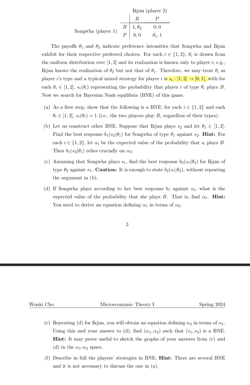 Solved Ikjun (player 2)Songwha (player 1)\table[[,B,P | Chegg.com