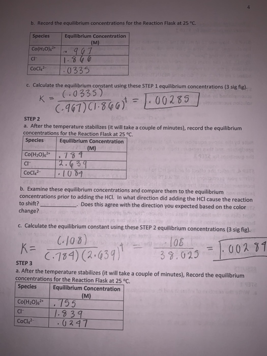 Solved 4 b. Record the equilibrium concentrations for the | Chegg.com