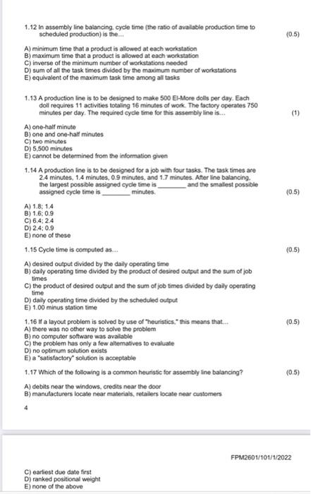 Solved (0.5) 1.12 in assembly line balancing, cycle time | Chegg.com