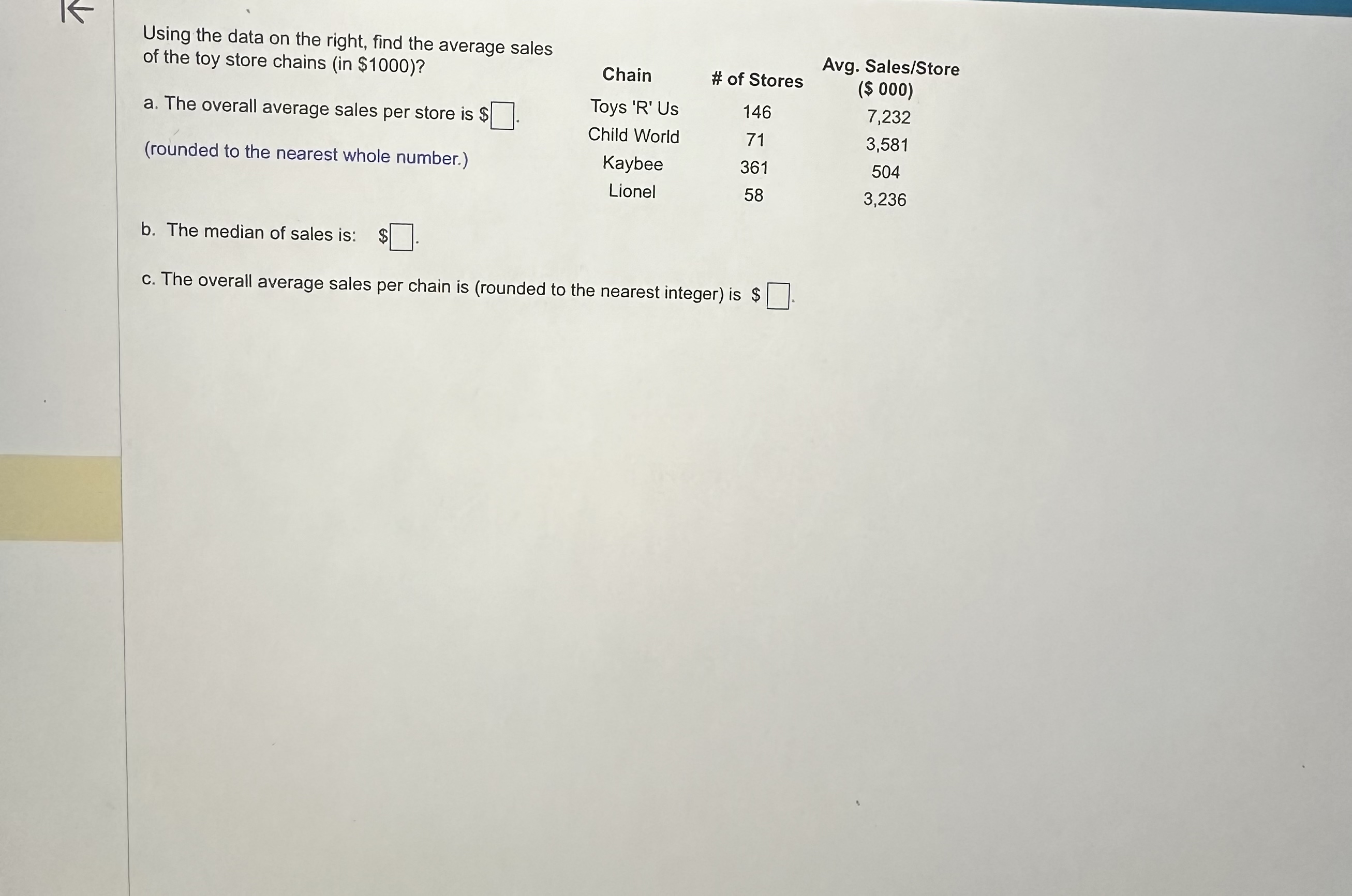 Using the data on the right, find the average sales | Chegg.com