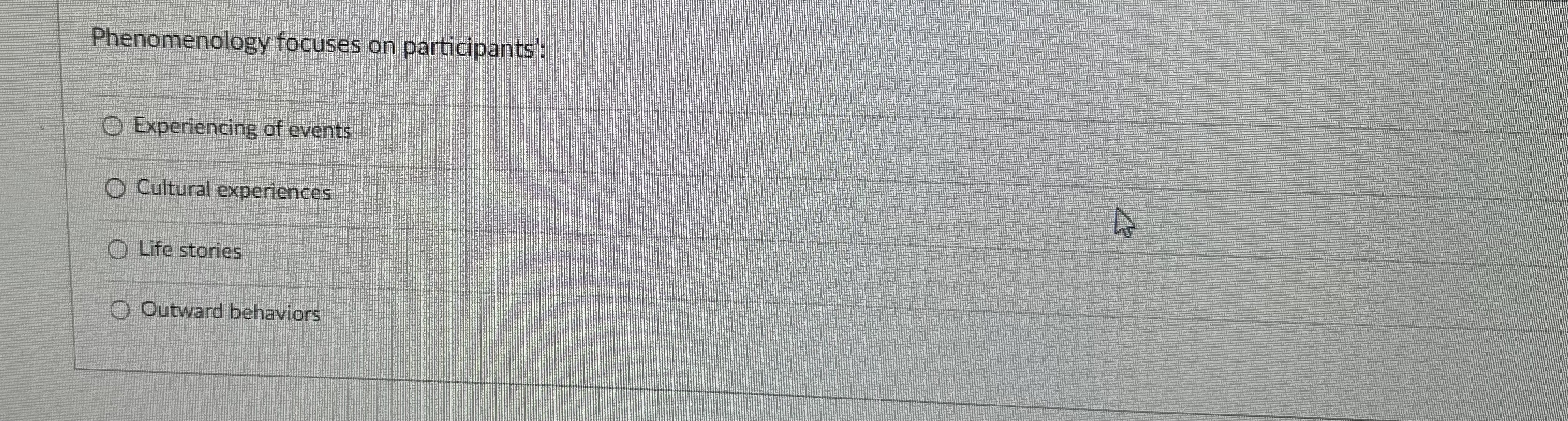 Solved Phenomenology focuses on participants':Experiencing | Chegg.com