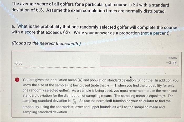 Solved The average score of all golfers for a particular | Chegg.com