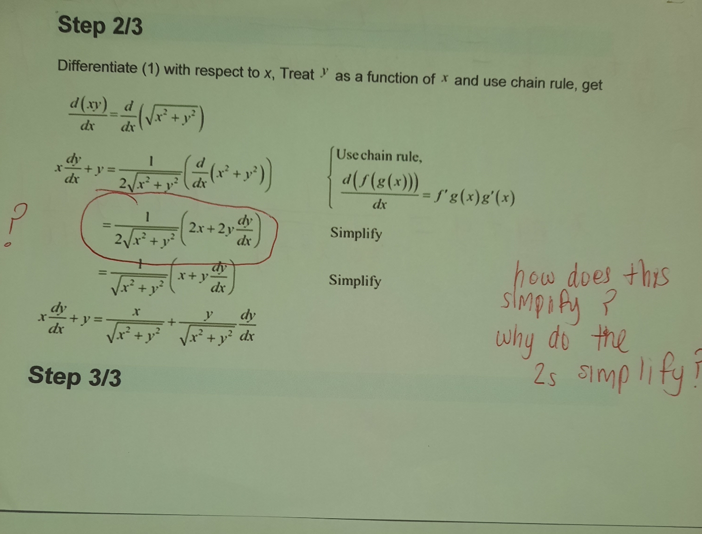 Solved Step 2/3Differentiate (1) ﻿with respect to x, ﻿Treat | Chegg.com