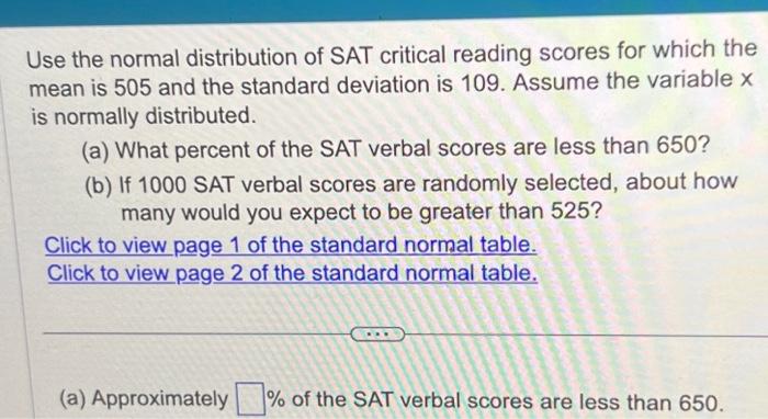 Solved Use the normal distribution of SAT critical reading | Chegg.com