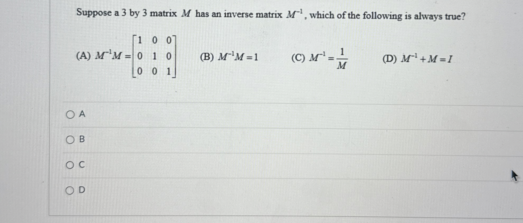 Solved Suppose a 3 ﻿by 3 ﻿matrix M ﻿has an inverse matrix | Chegg.com