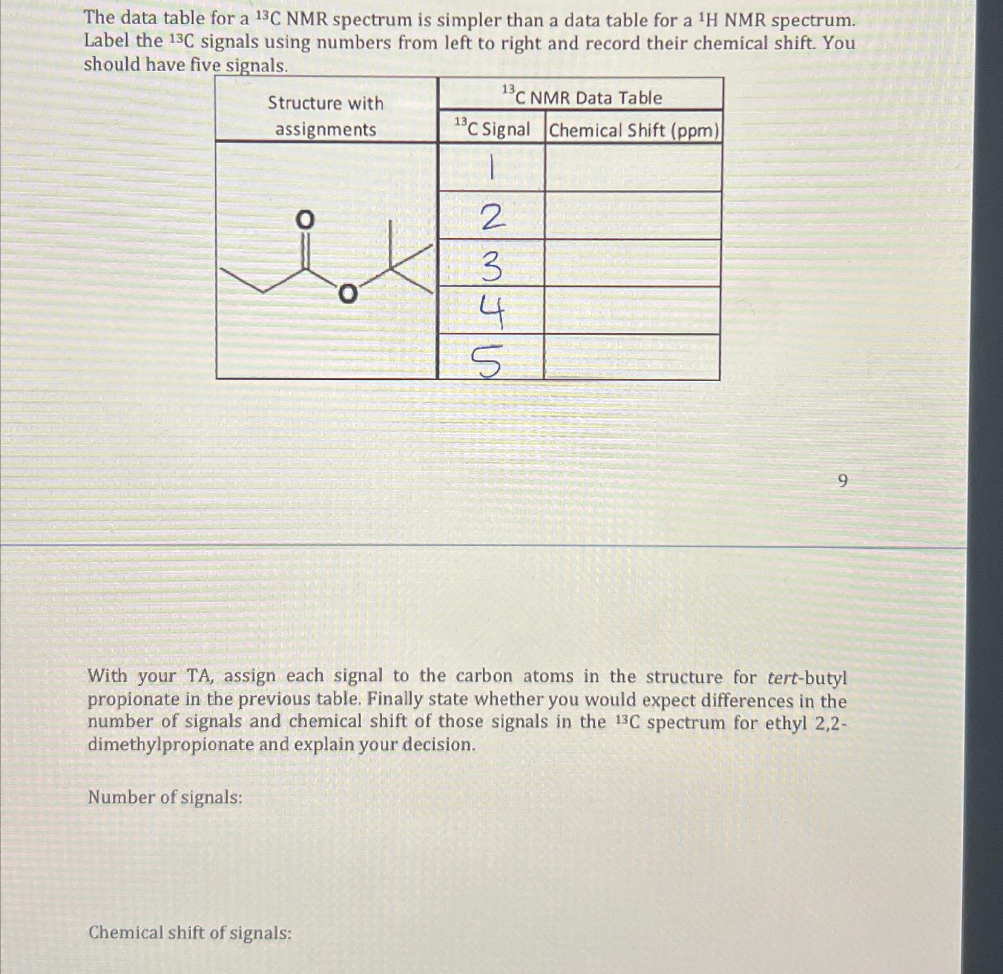 Solved The data table for a ?13C ﻿NMR spectrum is simpler | Chegg.com