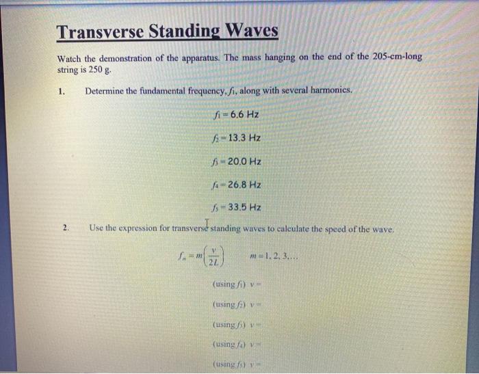 Solved Transverse Standing Waves Watch the demonstration of | Chegg.com