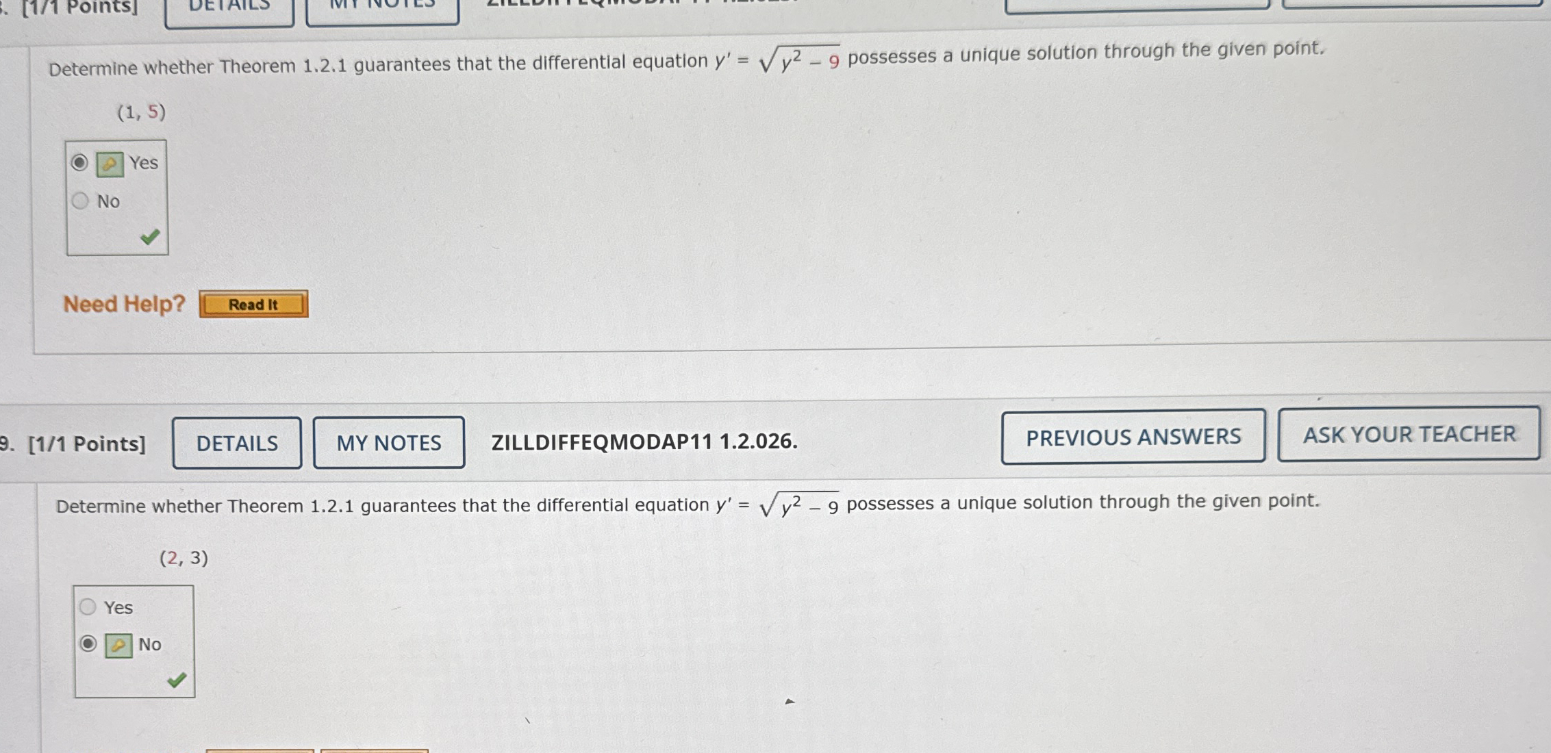 Solved [1/1 ﻿Points]q,Determine whether Theorem 1.2 .1 | Chegg.com