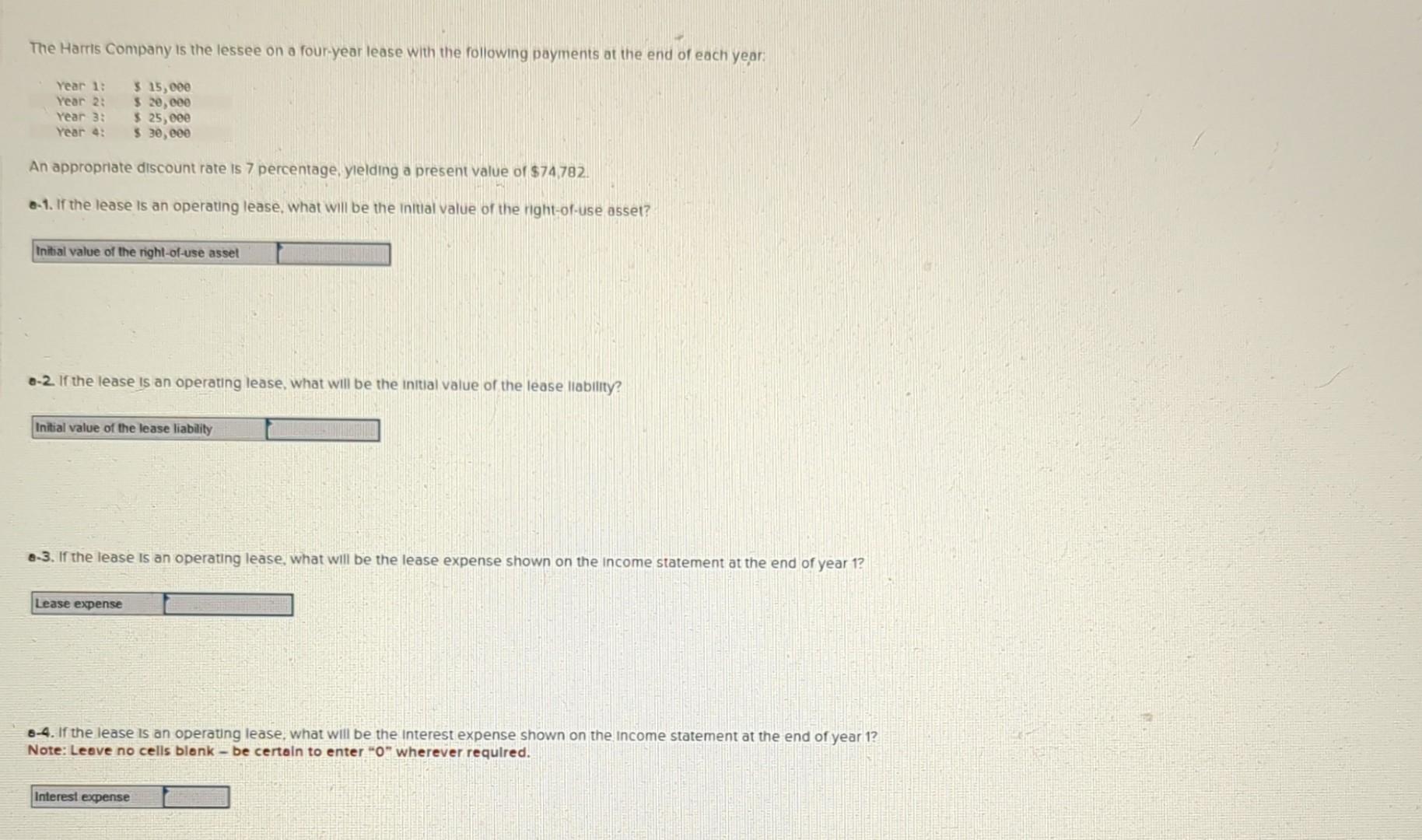 Solved The Harris Company is the lessee on a four-year lease | Chegg.com