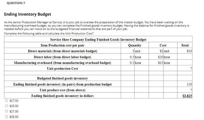 Solved QUESTION 7 Ending Inventory Budget As the senior | Chegg.com