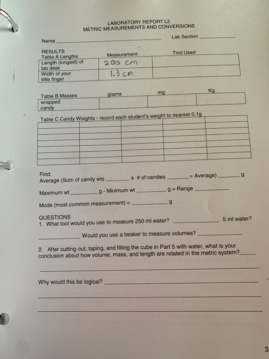 LABORATORY REPORT L2 METRIC MEASUREMENTS AND | Chegg.com