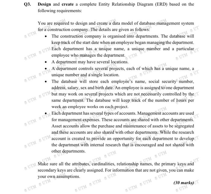 Solved Q3. Design and create a complete Entity Relationship | Chegg.com