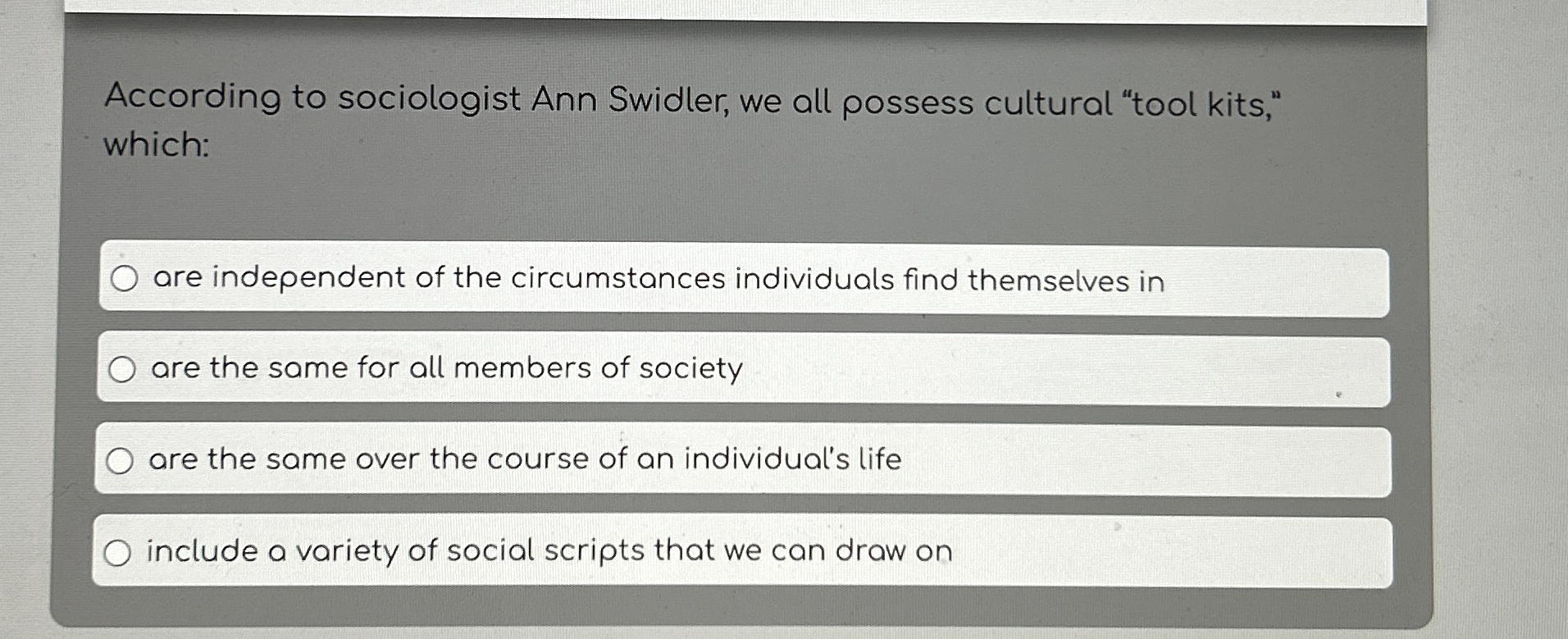 Solved According to sociologist Ann Swidler, we all possess | Chegg.com