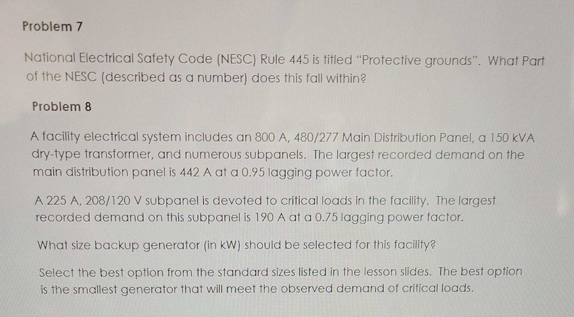 Solved Problem 7 National Electrical Safety Code (NESC) Rule | Chegg.com