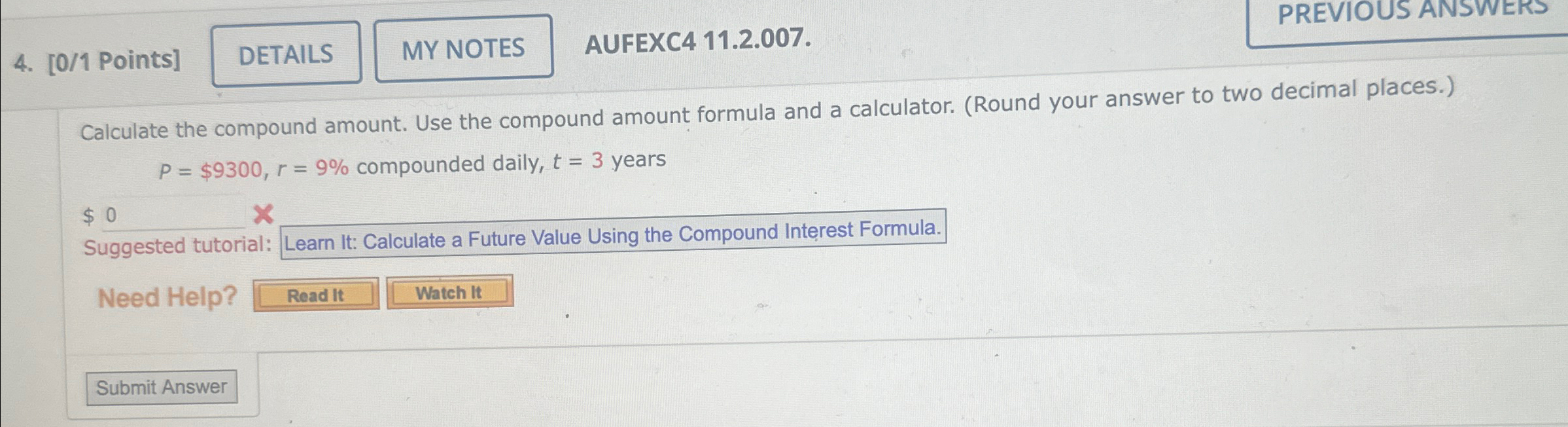 Solved Points]AUFEXC4 11.2.007.PREVIOUS ANSWERSCalculate the | Chegg.com