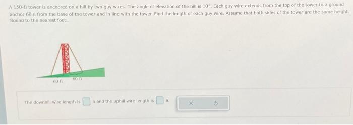Solved A 150−f tower is anchored on a hill by two guy wires. | Chegg.com