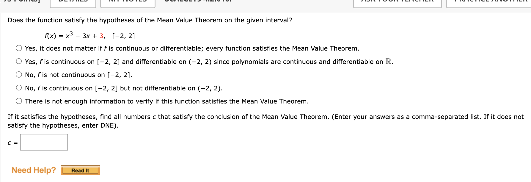 Solved Does the function satisfy the hypotheses of ﻿the Mean | Chegg.com