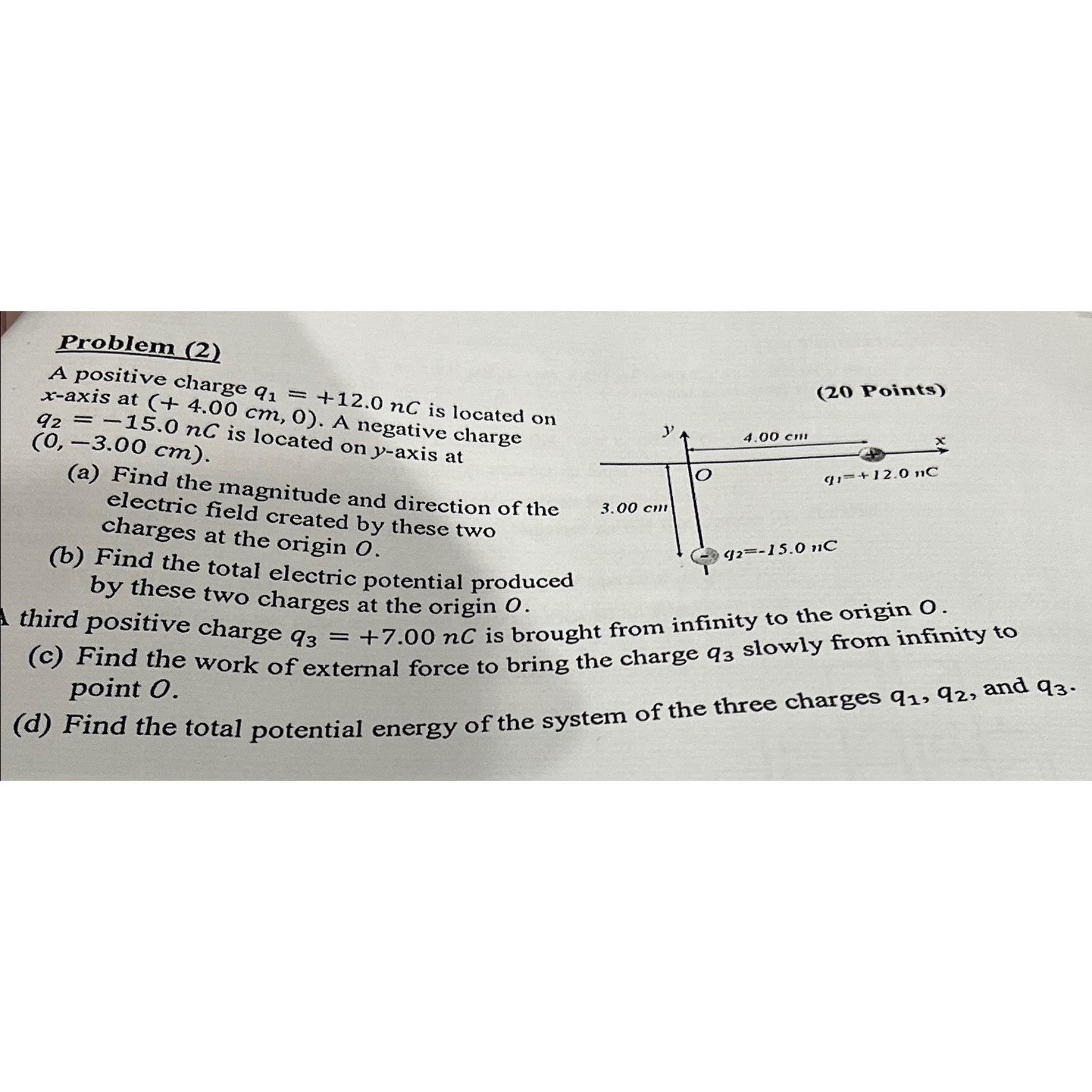 Solved Problem (2)A positive charge q1=+12.0nC ﻿is located | Chegg.com