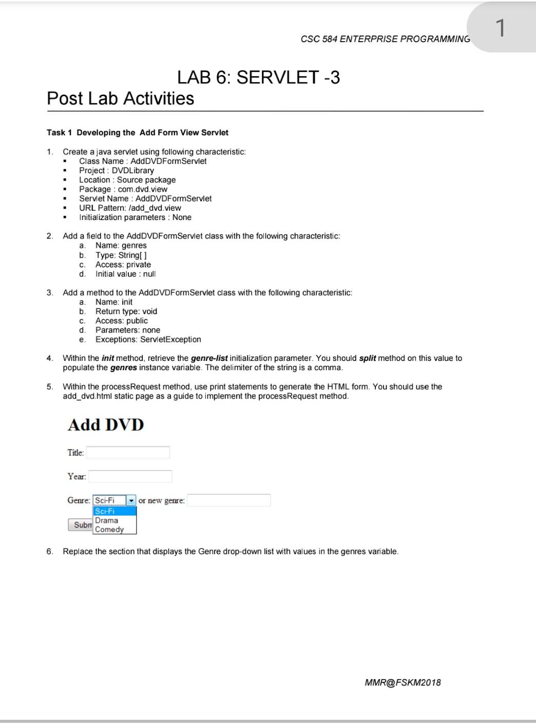 1 Csc 584 Enterprise Programming Lab 6 Servlet 3 