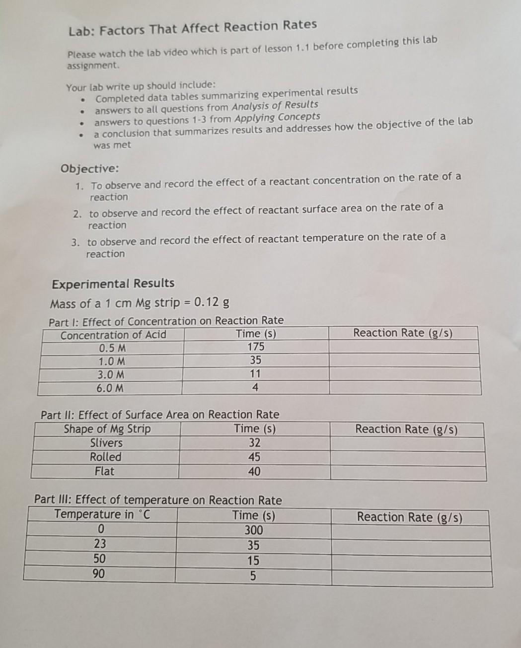 Solved Lab: Factors That Affect Reaction Rates Please watch | Chegg.com