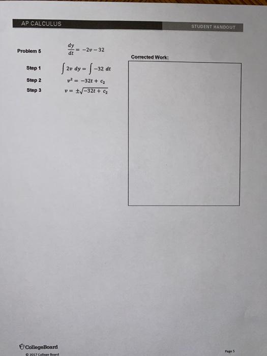 Solved AP CALCULUS STUDENT HANDOUT Problem 5 dy = -2v-32 dt | Chegg.com