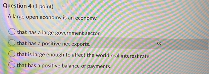Solved Question 4 (1 point) A large open economy is an | Chegg.com