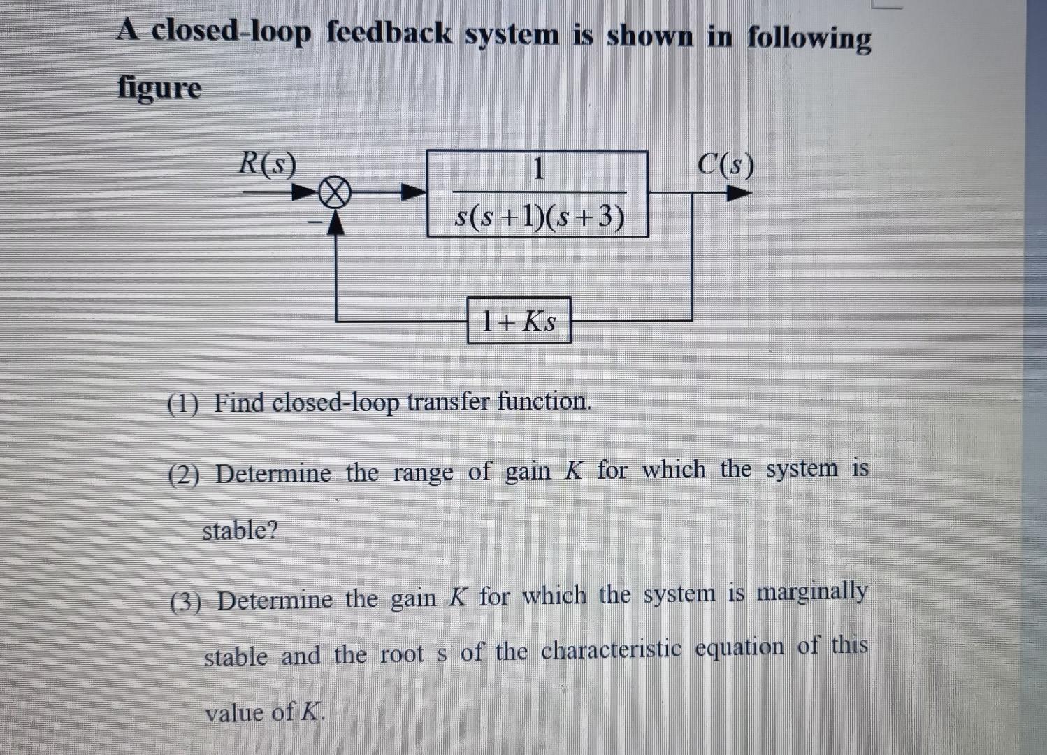 Solved A closed-loop feedback system is shown in following | Chegg.com