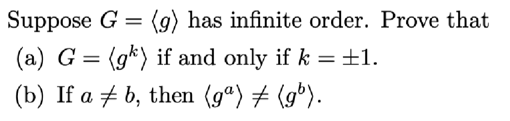 Solved Suppose G=(:g:) ﻿has infinite order. Prove | Chegg.com