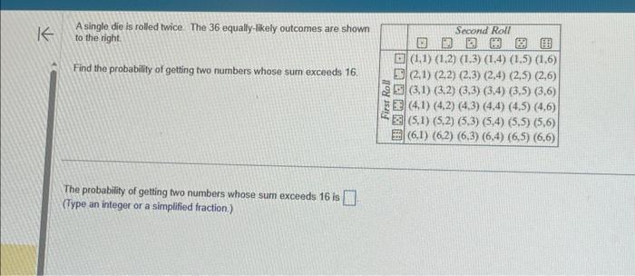 Solved A single die is rolled twice. The 36 equally-likely | Chegg.com